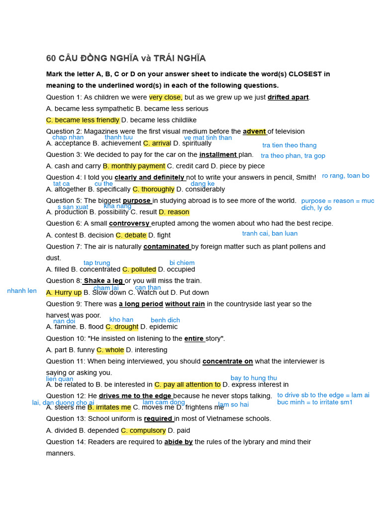 60 C U Đ NG NGHĨA Dap An | PDF