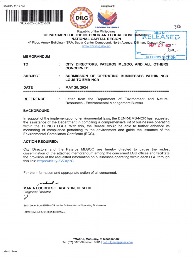 Memorandum - Submission of Operating Businesses Within NCR LGUs To EMB ...
