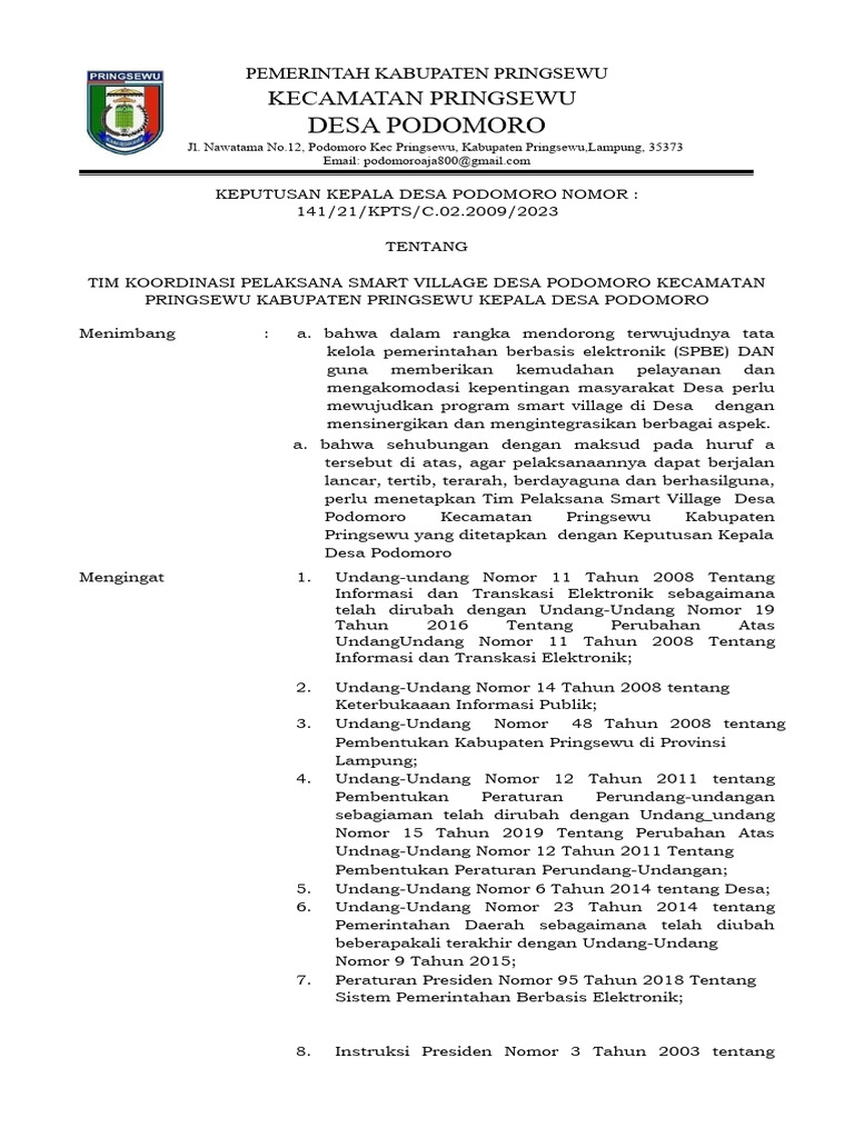 Template SK TIM PELAKSANA SMART VILAGE DESA | PDF