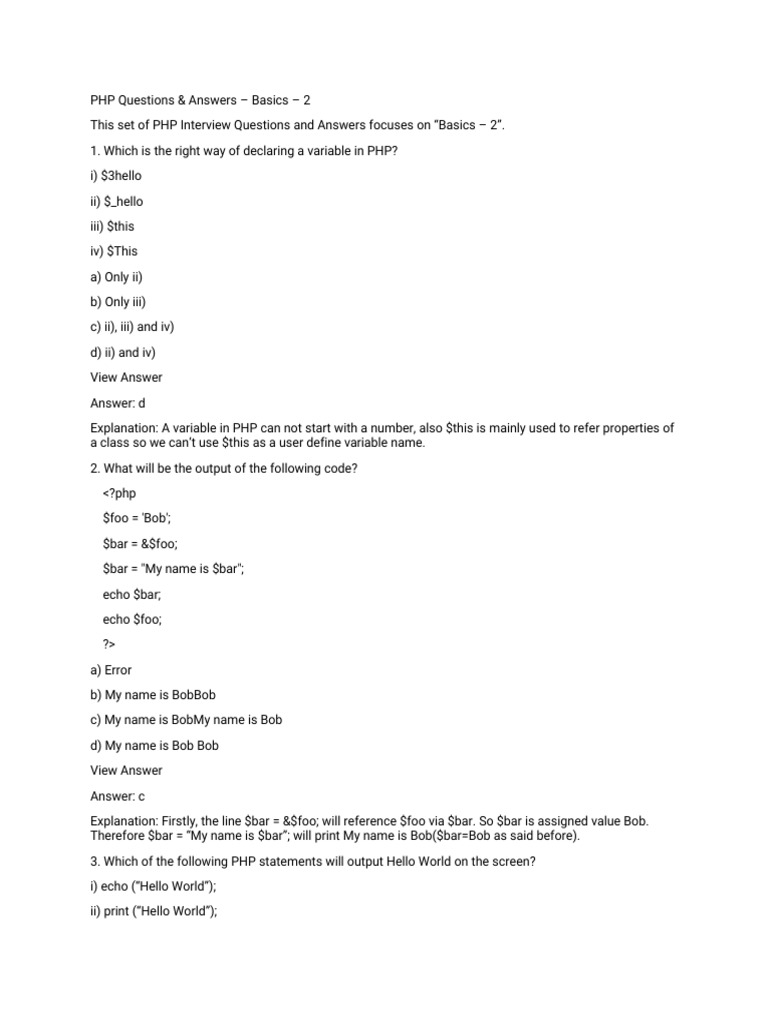 Php Questions Pdf Computer Programming Object Oriented Programming