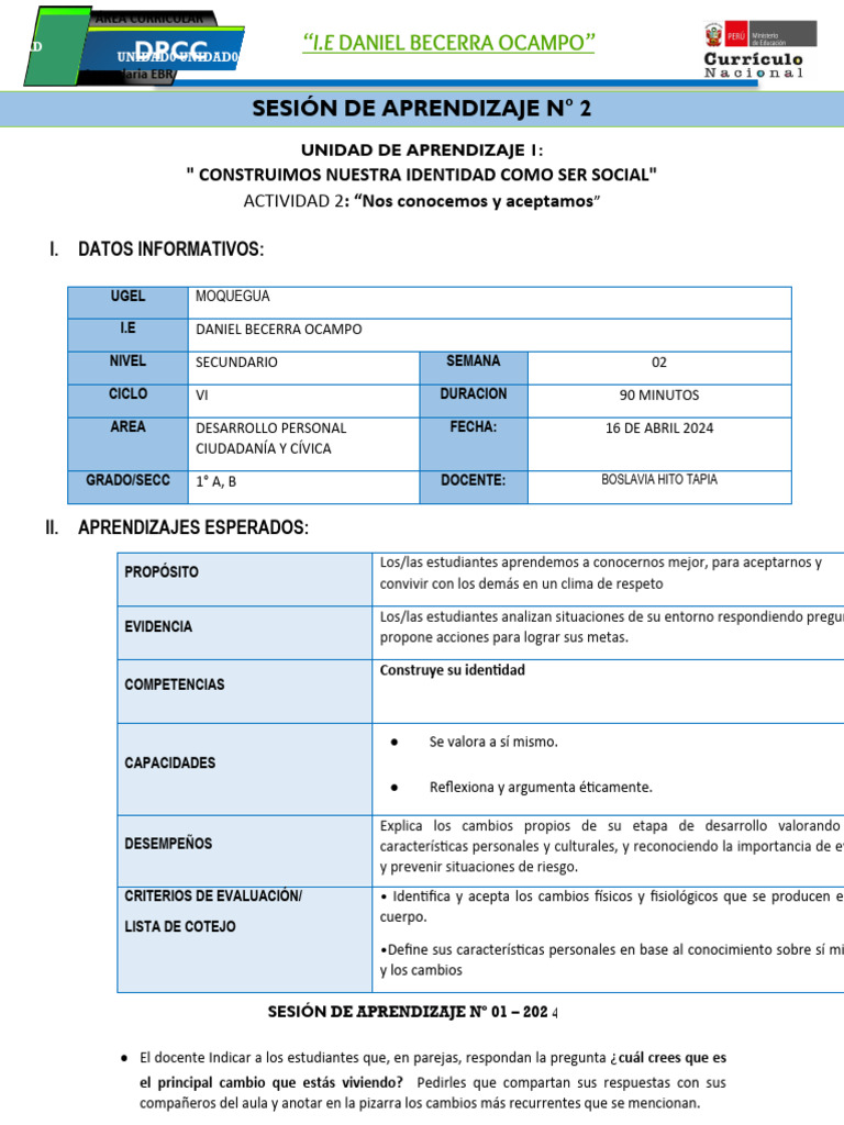 1º DPCC Ses Act. 02 Uni 01 - 2023 | PDF | Aprendizaje | Evaluación