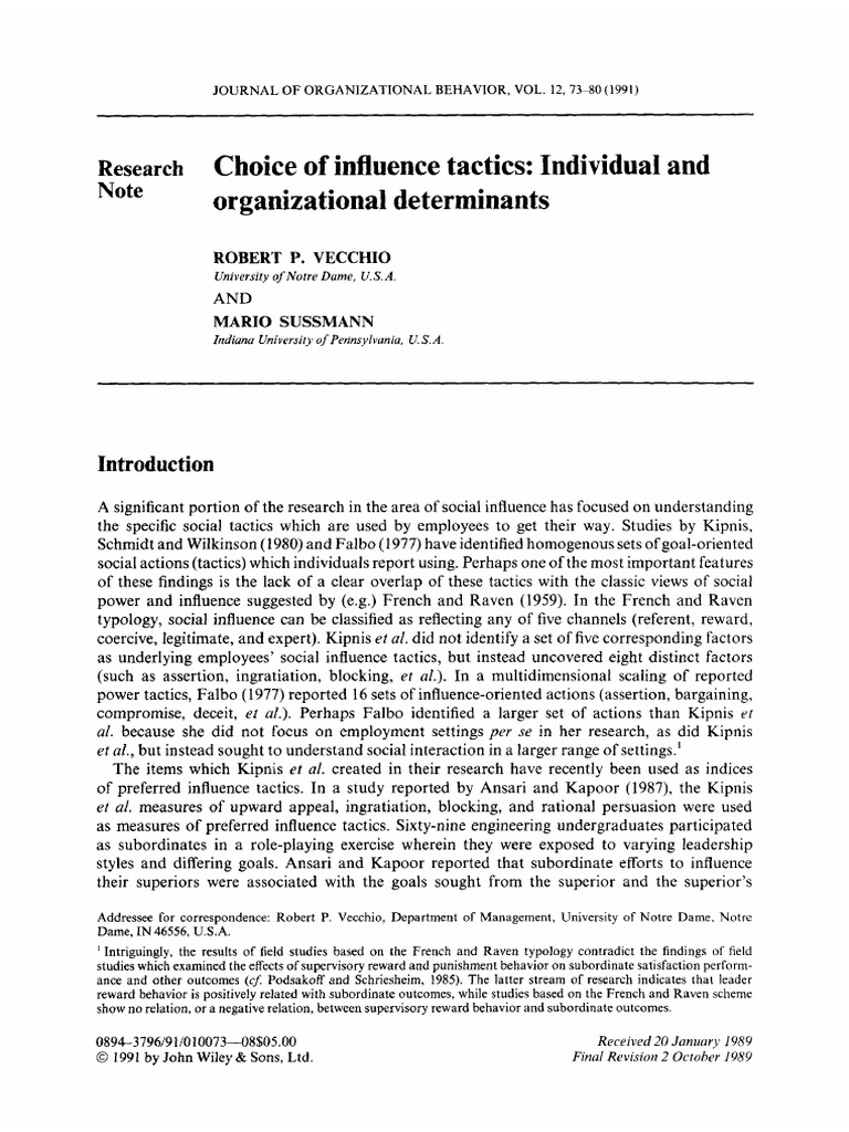 1991 Vecchio - Choice of Influence Tactics Individual and Organization Determinant | PDF | Power ...