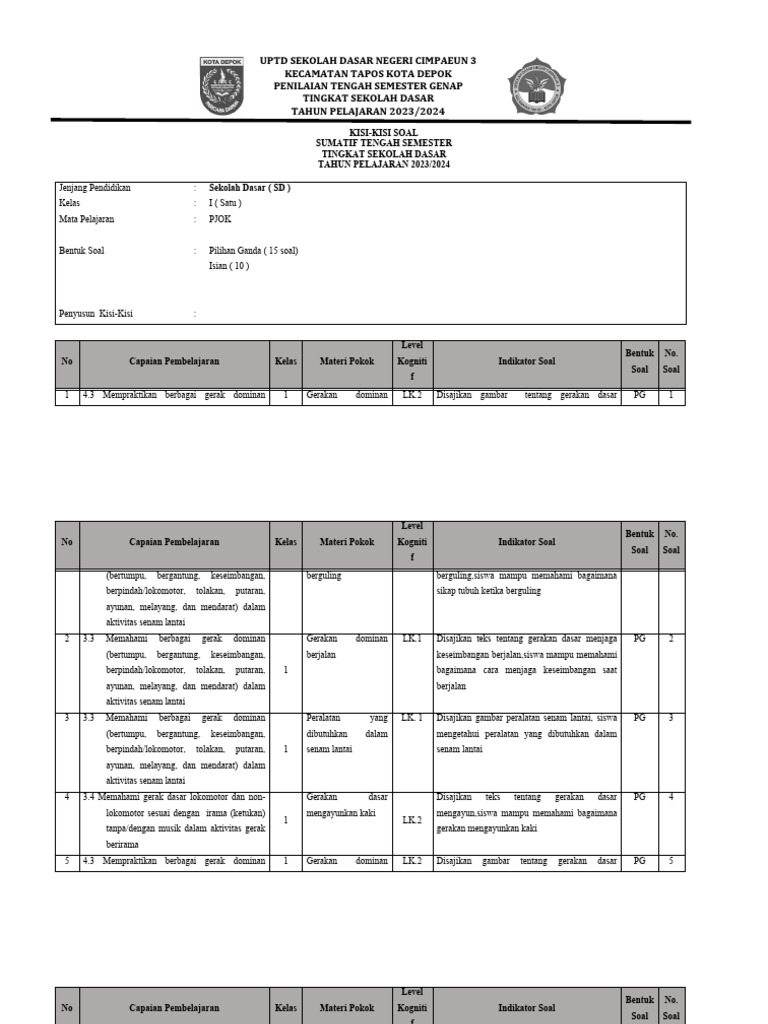 Kisi Kisi STS 2024 - Pjok - Kelas 1 | PDF