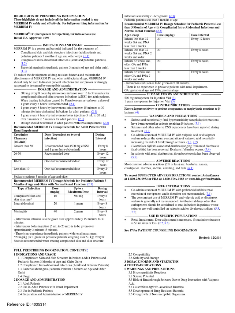 Meropenem Trihydrate Prescribing Information | PDF | Dose (Biochemistry ...