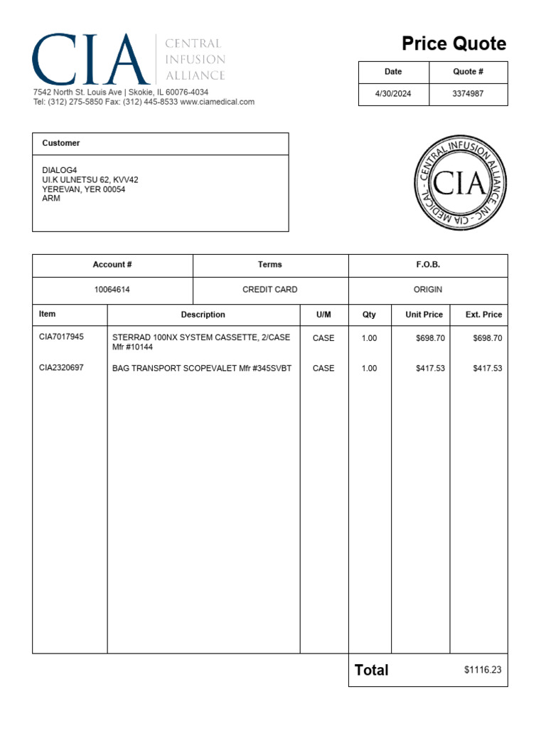 Medical Equipment Price Quote | PDF