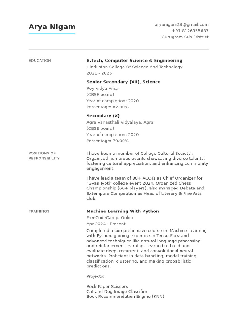 AryaNigam InternshalaResume | PDF | Machine Learning | Python (Programming Language)