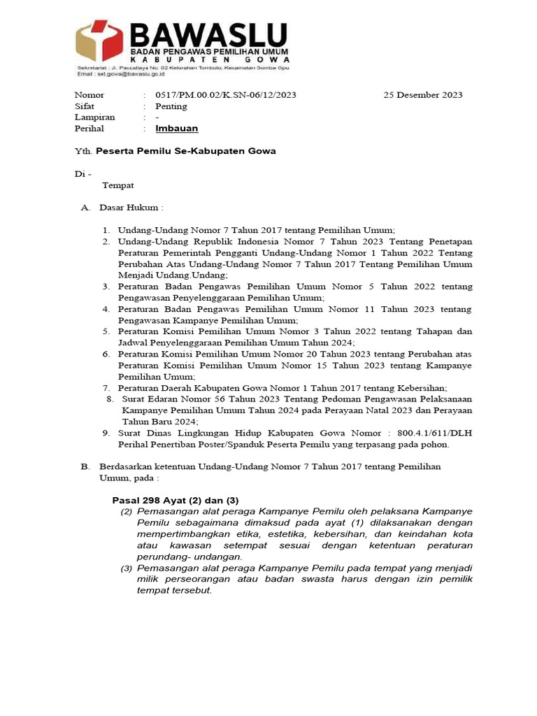 Surat Imbauan Kepada Peserta Pemilu | PDF | Hukum