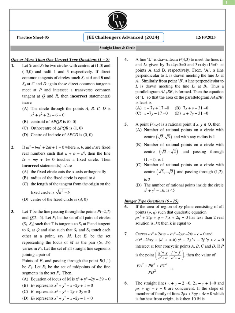 Straight Lines & Circle - Practice Sheet - JEE Challengers | Download Free PDF | Circle | Tangent