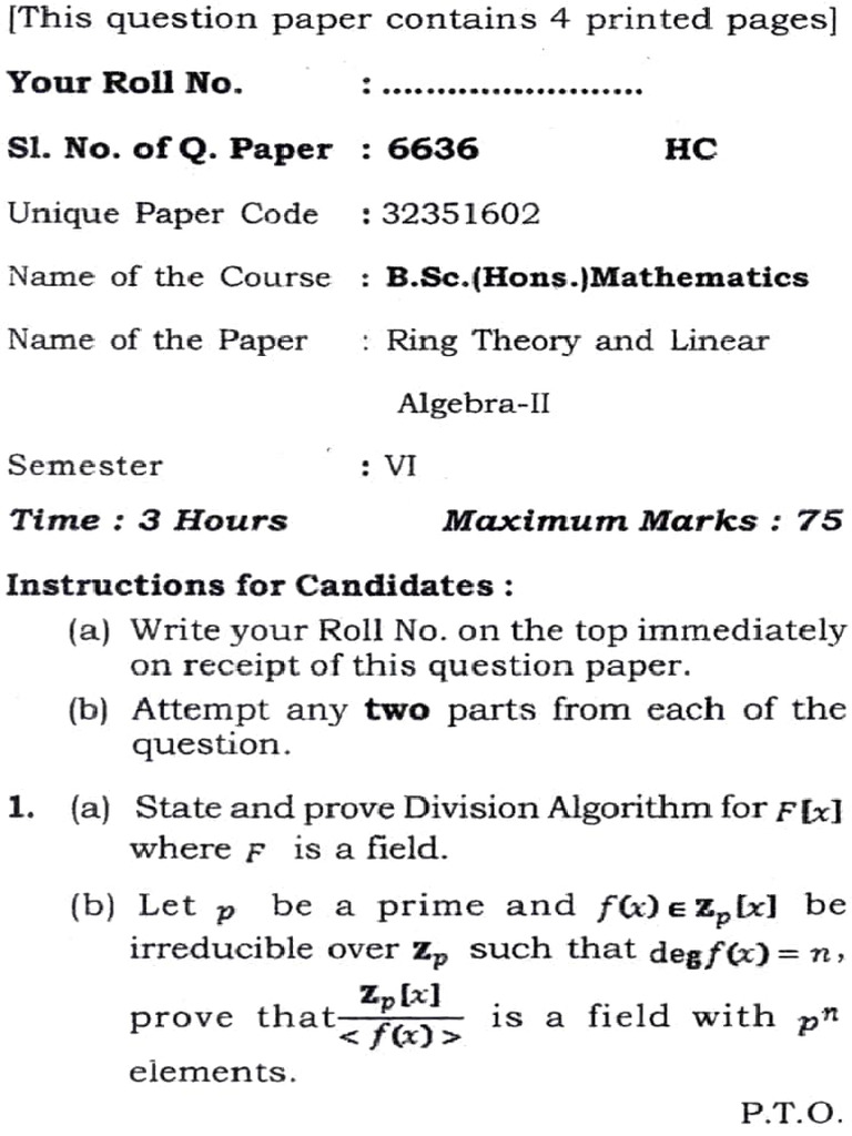 Math Exam: Ring Theory & Algebra | PDF | Basis (Linear Algebra) | Field ...