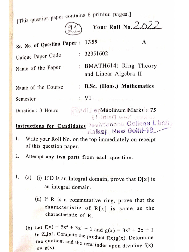 2022 Ring Theory and Linear Algebra - 2 | PDF