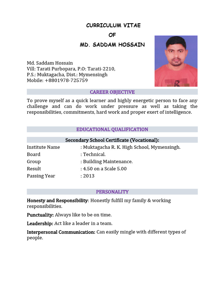 Md. Saddam Hossain's CV | PDF | Wellness
