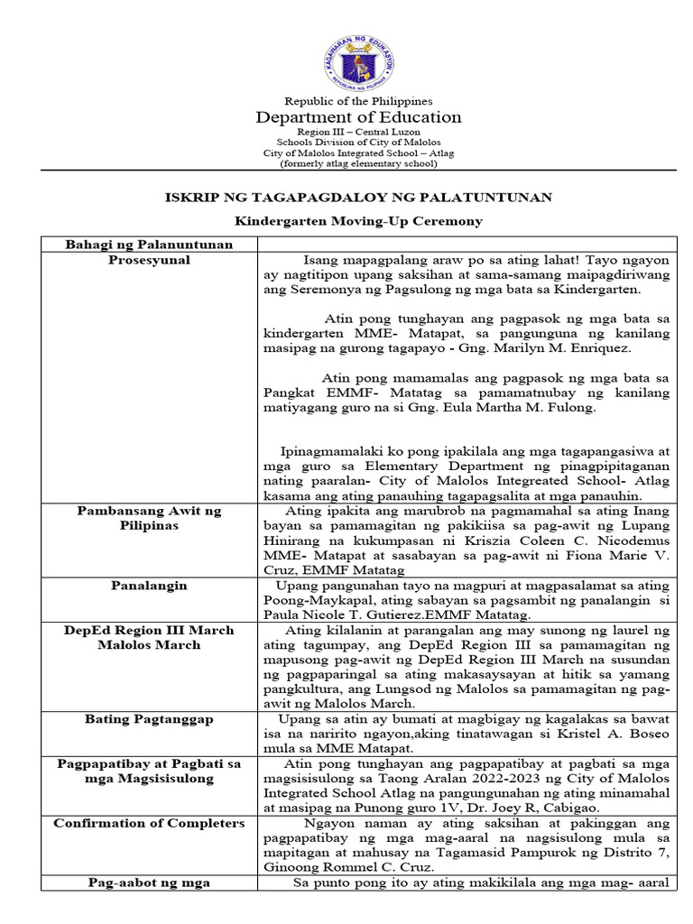 Iskrip NG Moving Up Ceremony 2 | PDF
