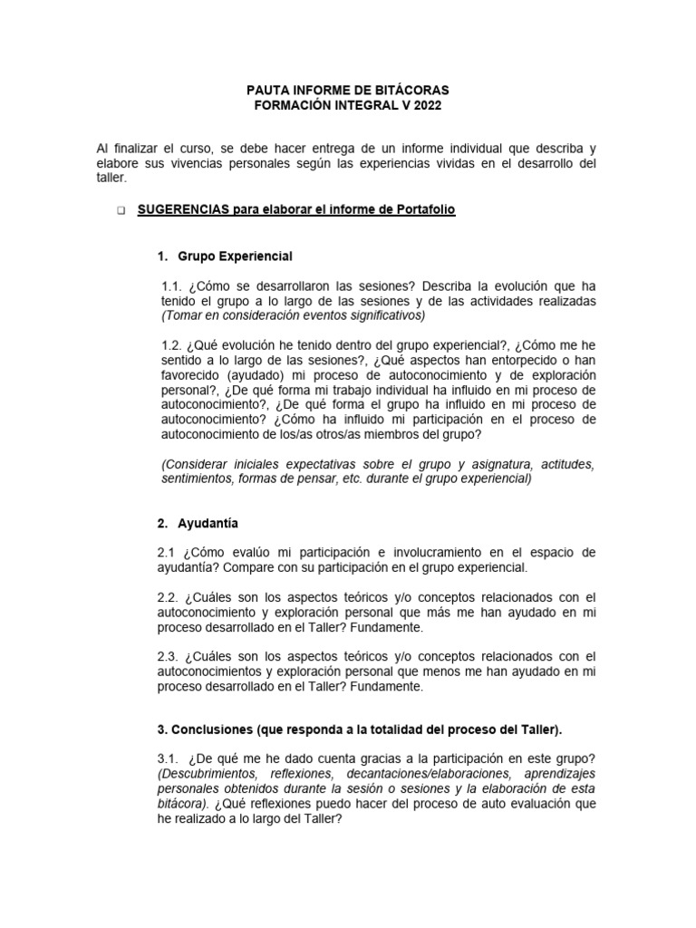 Pauta Informe de Bitácora FI V 2022 | PDF