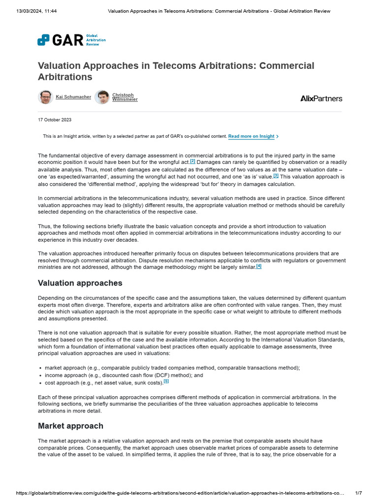Valuation Approaches in Telecoms Arbitrations - Commercial Arbitrations ...