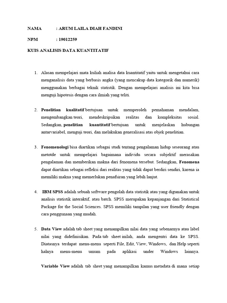 Kuis Analisis Data Kuantitatif Arum | PDF