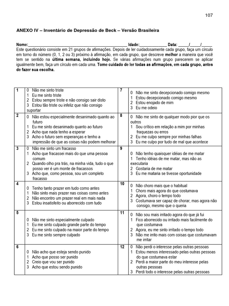 Escala Depressão Beck | PDF