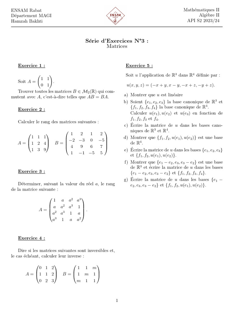 Exercices de Matrices - Mathématiques II | PDF | Matrice (Mathématiques ...
