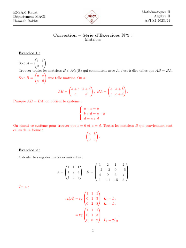 Correction TD3 Matrices | PDF | Théories de matrice | Algèbre générale