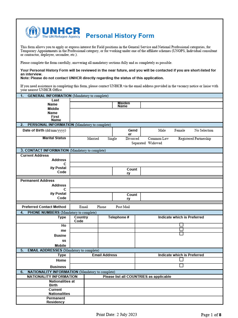 UNHCR Personal History Form | PDF | Employment
