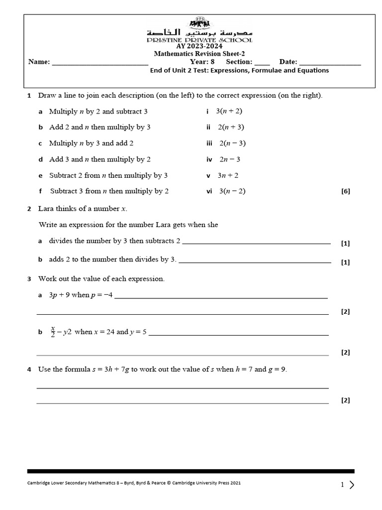 Year 8 Expressions and Formulae Test | PDF | Equations | Mathematical ...