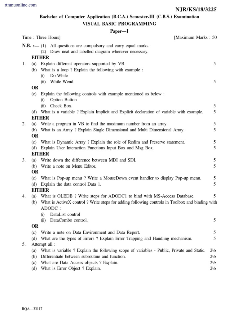 Bca 3 Sem Visual Basic Programming Paper 1 Summer 2018 | PDF | Computer ...