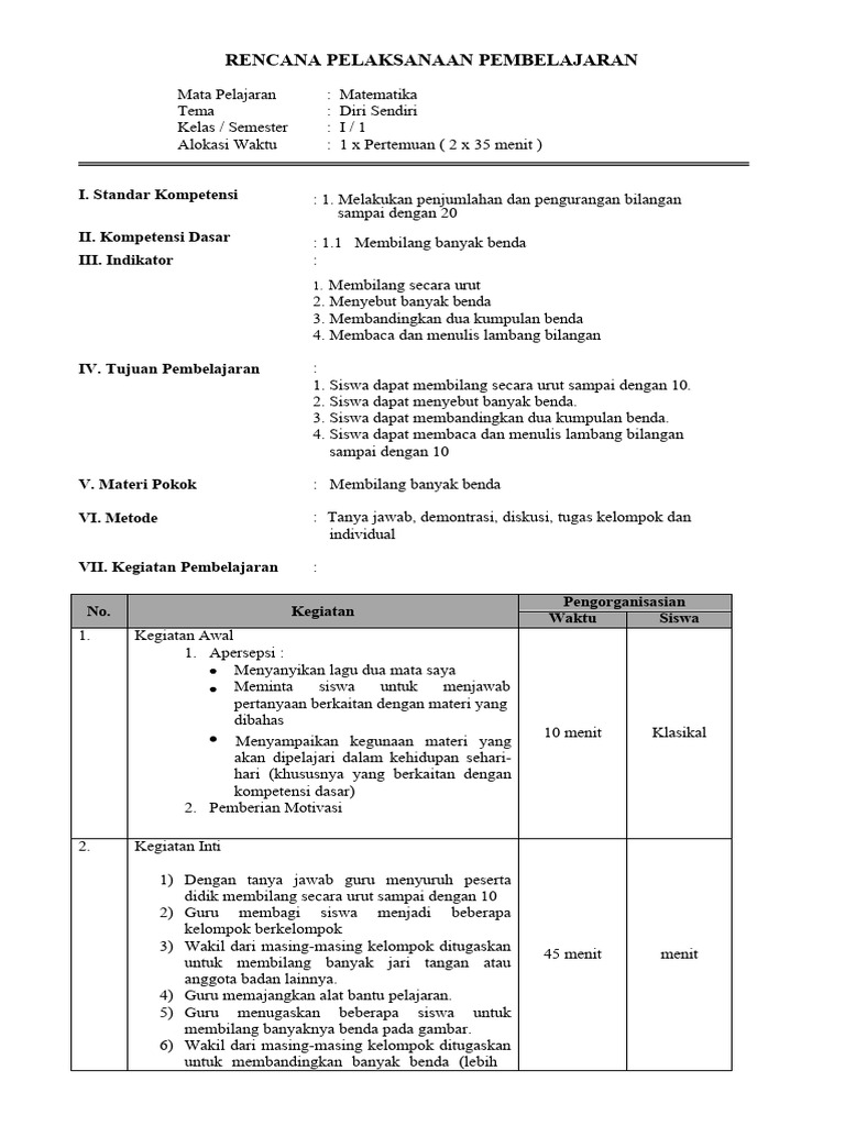 RPP MTK Kelas 1 SD | PDF