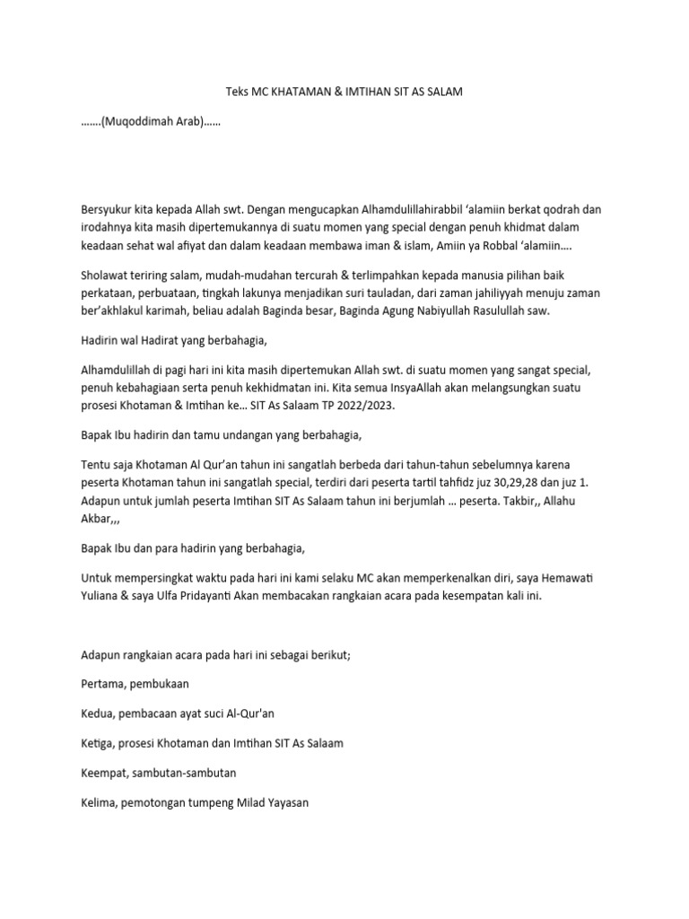Teks MC Khataman Dan Imtihan As Salam | PDF | Agama & Spiritualitas