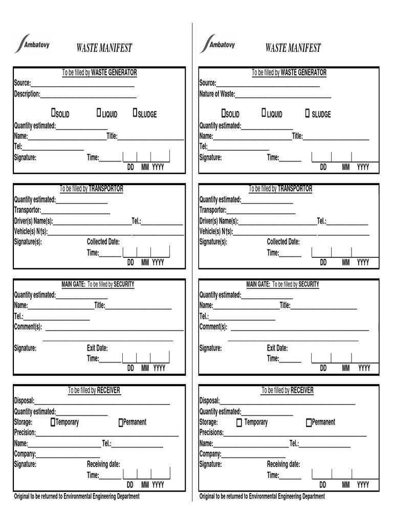 Waste Manifest Form | PDF | Waste | Waste Management