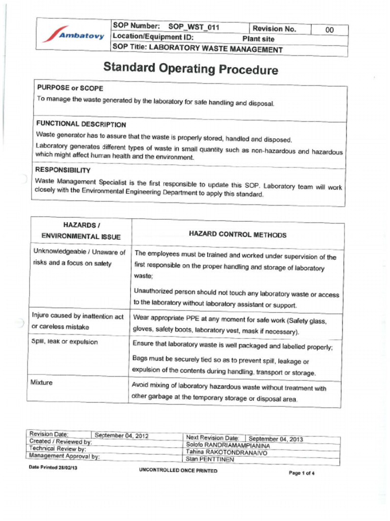 SOP - WST - 011 Laboratory Waste Management | PDF