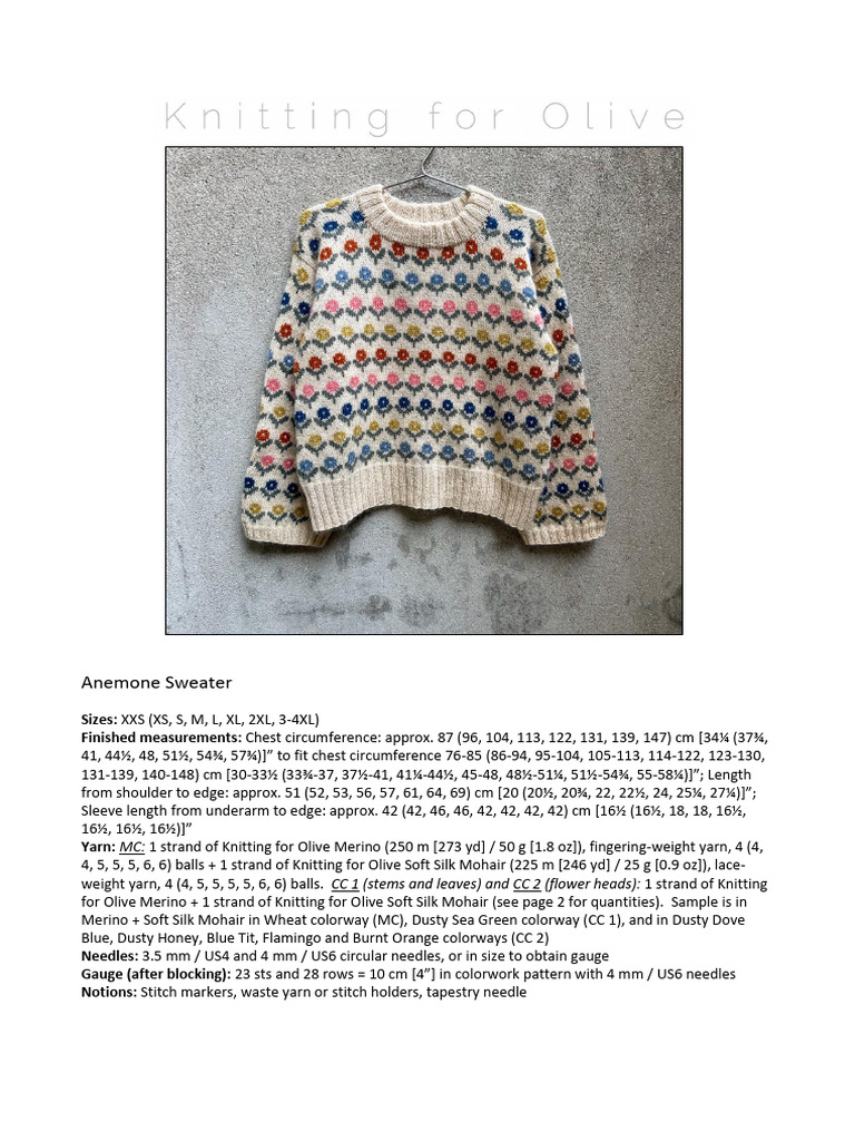 Anemone Sweater Knitting Pattern | PDF | Knitting | Gauge (Knitting)
