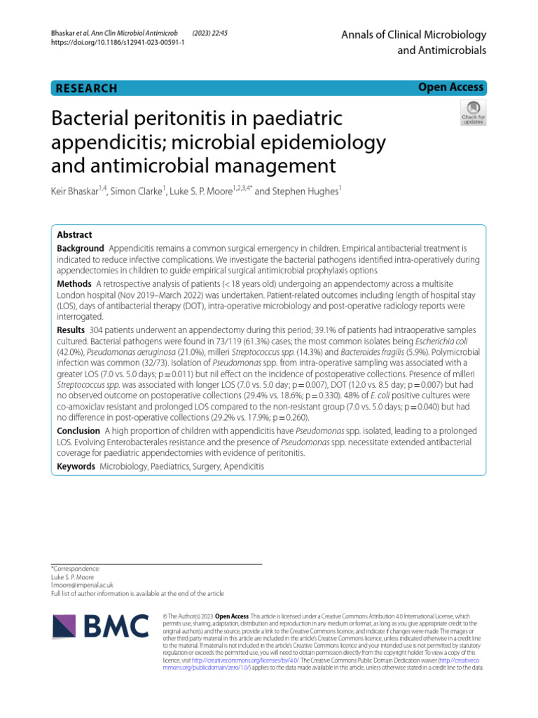 Bacterial Peritonitis in Paediatric Appendicitis Microbial Epidemiology ...