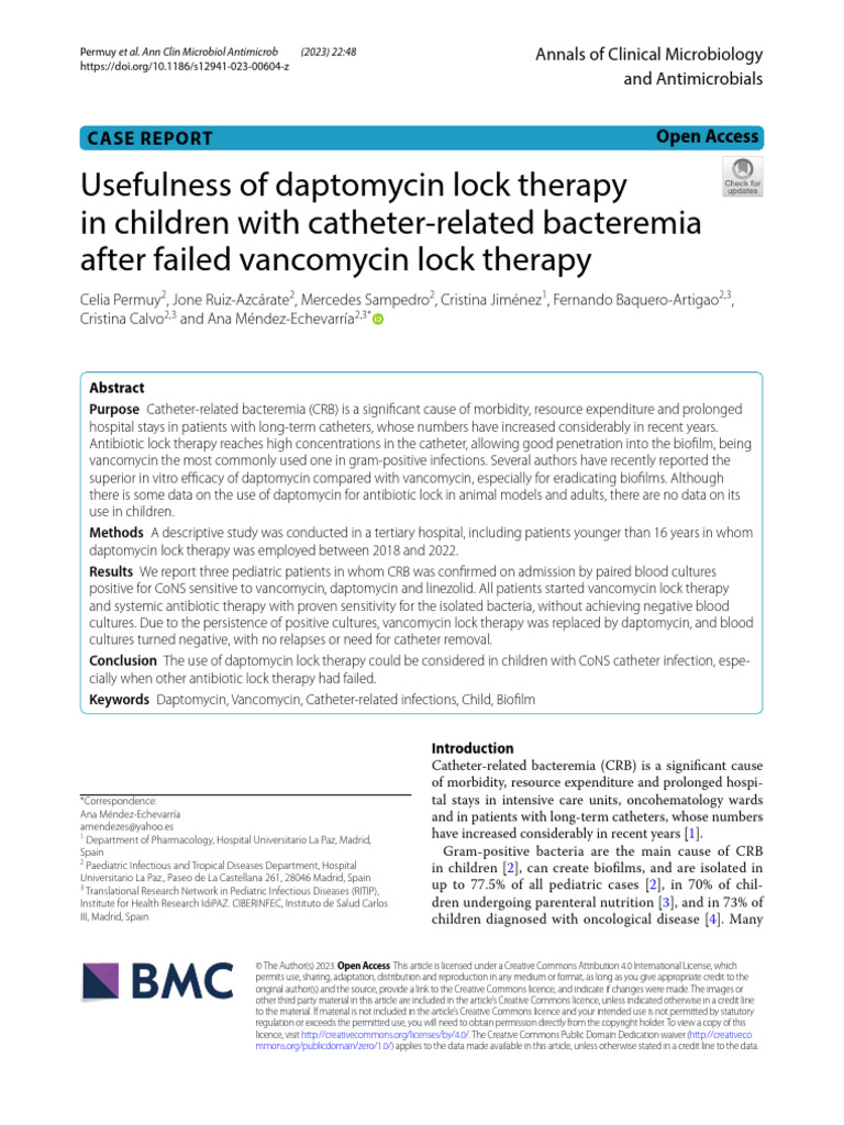 Usefulness of Daptomycin Lock Therapy in Children With Catheter-Related ...
