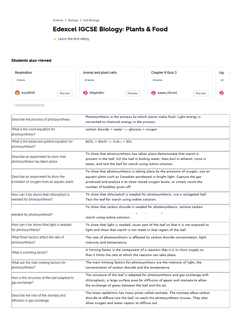 Edexcel IGCSE Biology - Plants & Food Flashcards | PDF | Stoma ...