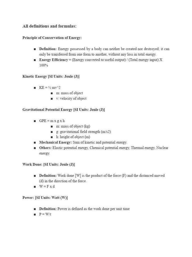 Energy Conservation and Work Formulas | PDF | Potential Energy | Mass