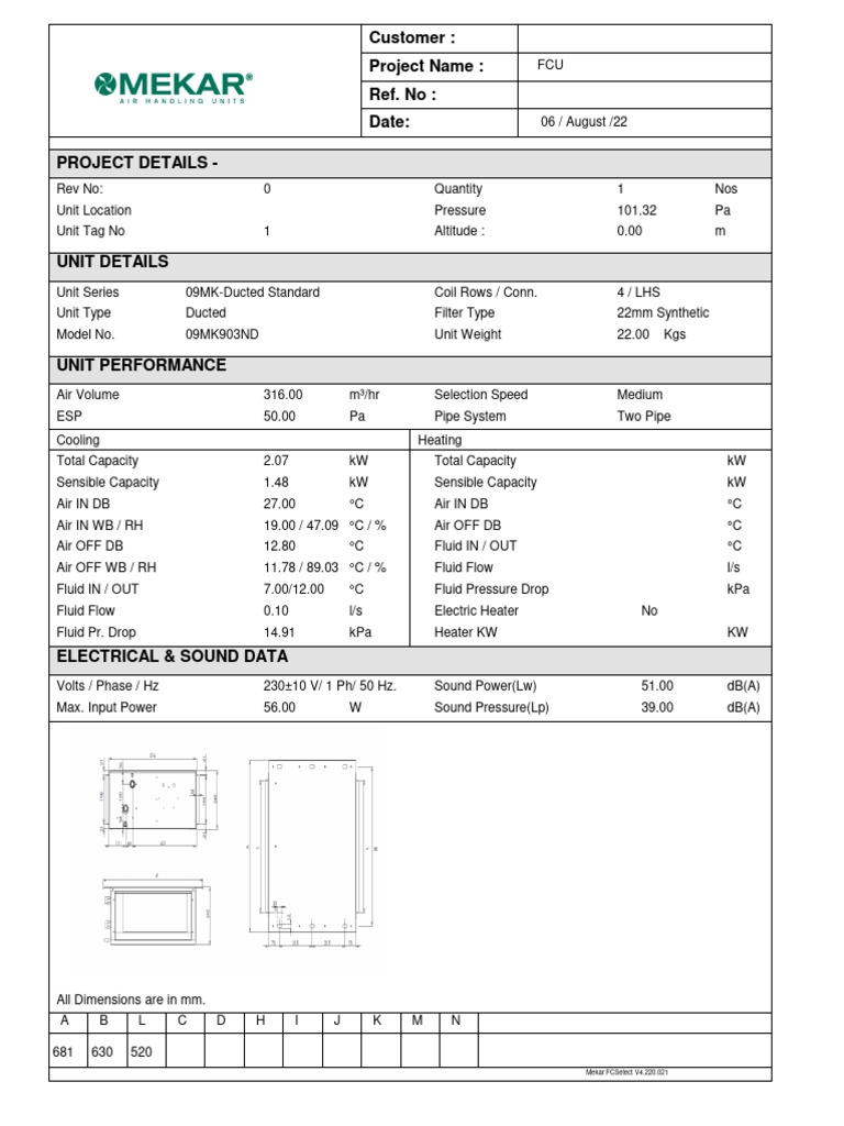 FCU DATASHEET@MKCH-526-FCU Performance Sheet | PDF | Decibel | Pressure