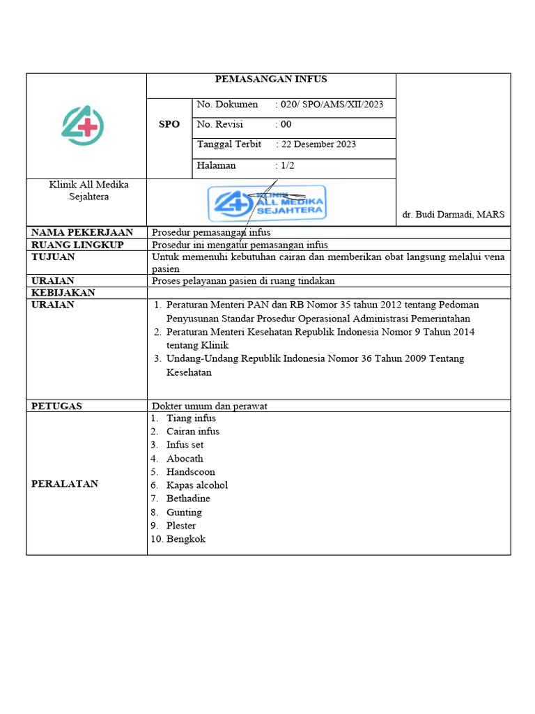 SPO Pemasangan Infus | PDF | Sains & Matematika