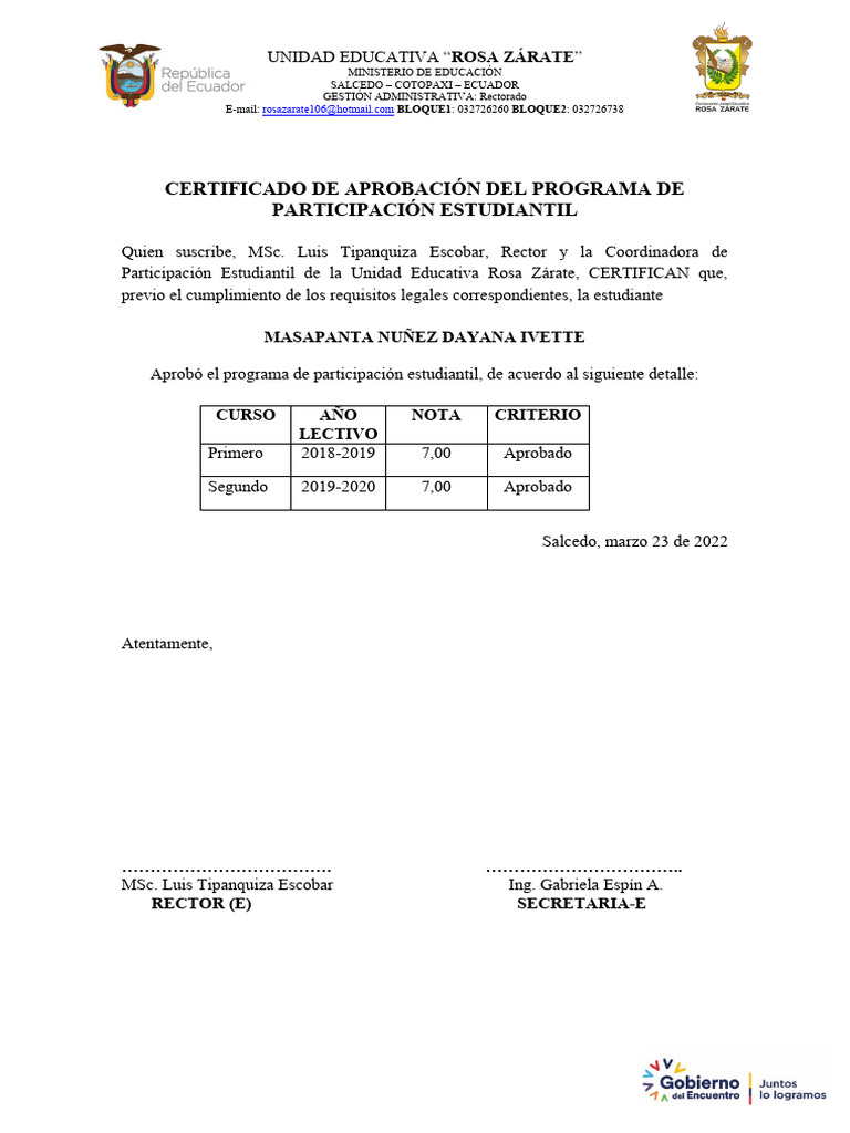 CERTIFICADO DE MATRICULA - Actualizado | PDF