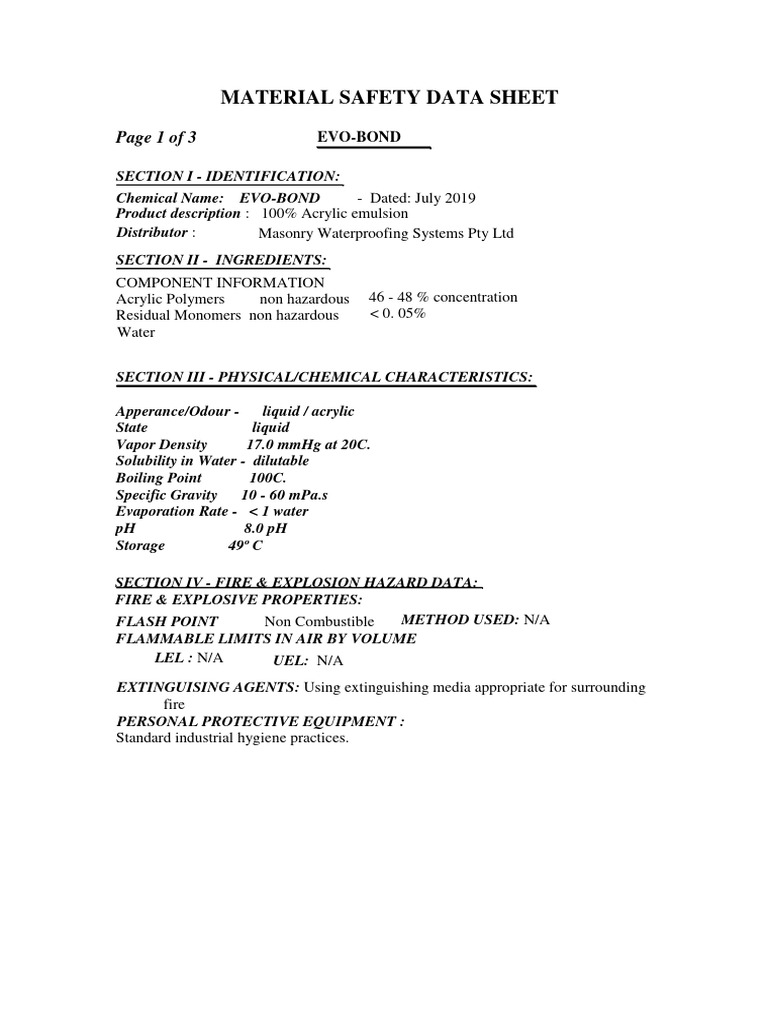 Evobond 502 (W-50) MSDS | PDF | Organic Polymers | Chemistry