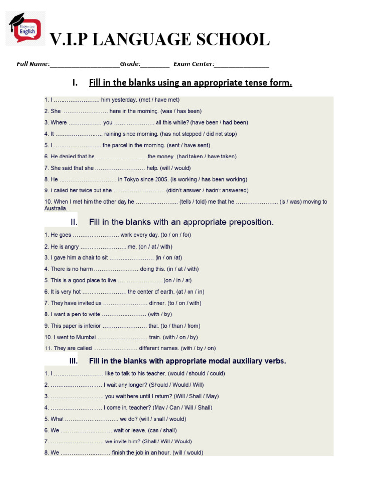 V.I.P Language School: I. Fill in The Blanks Using An Appropriate Tense Form | PDF | Linguistics ...