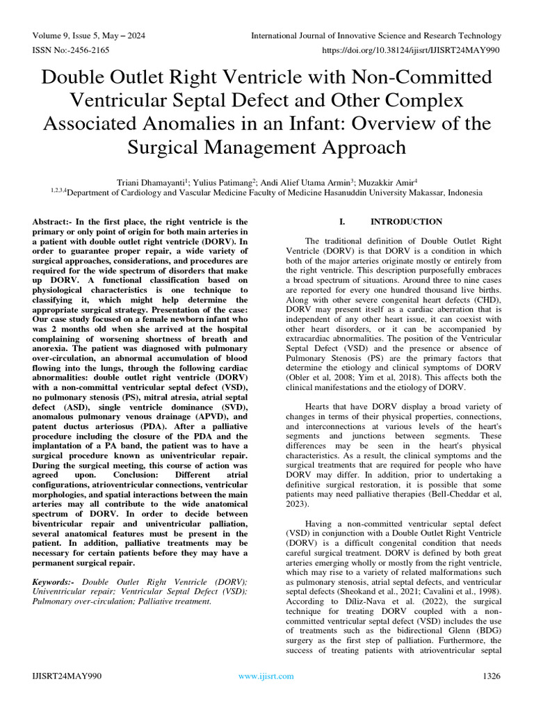 Double Outlet Right Ventricle With Non-Committed Ventricular Septal Defect and Other Complex ...