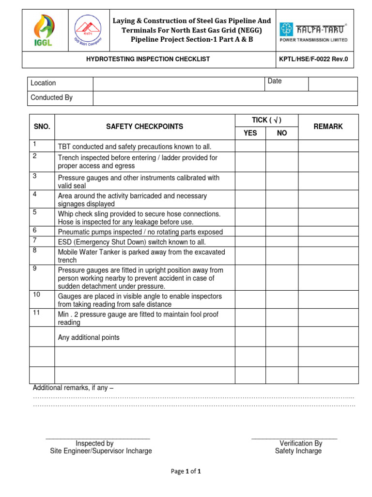 HSE-22 Hydrotesting Checklist | PDF