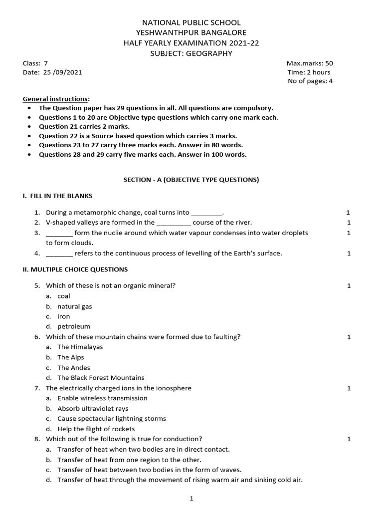 QP Class 7 Geography Half Yearly | PDF | Magma | Lava