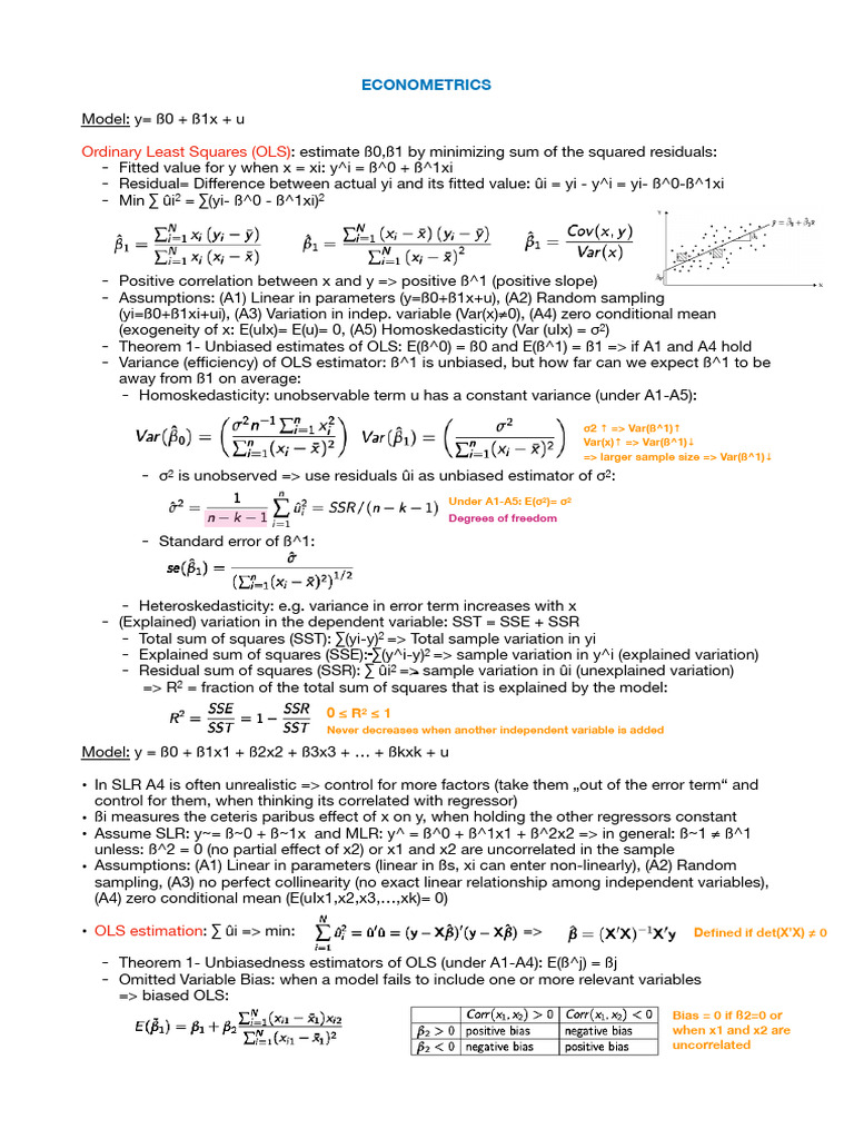 Econometrics Summary | PDF | Ordinary Least Squares | Errors And Residuals