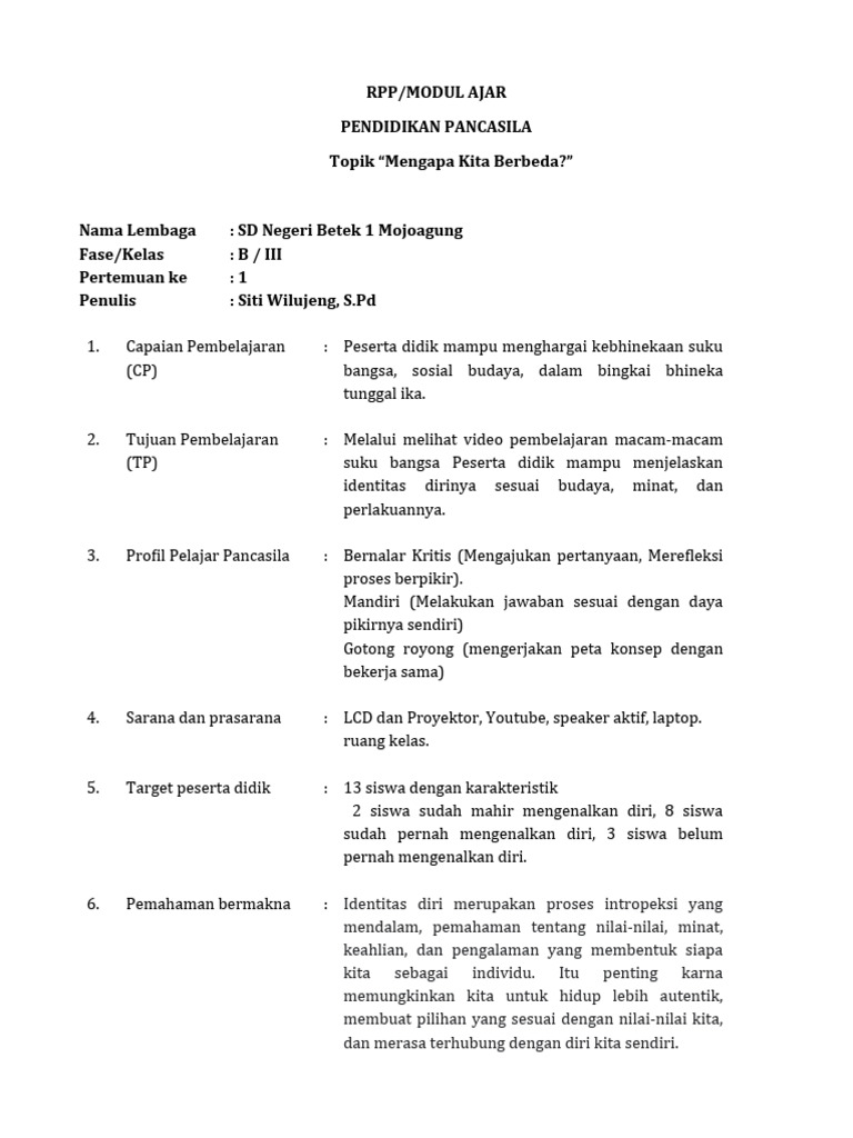 Modul Ajar Pendidikan Pancasila Kelas 3 | PDF