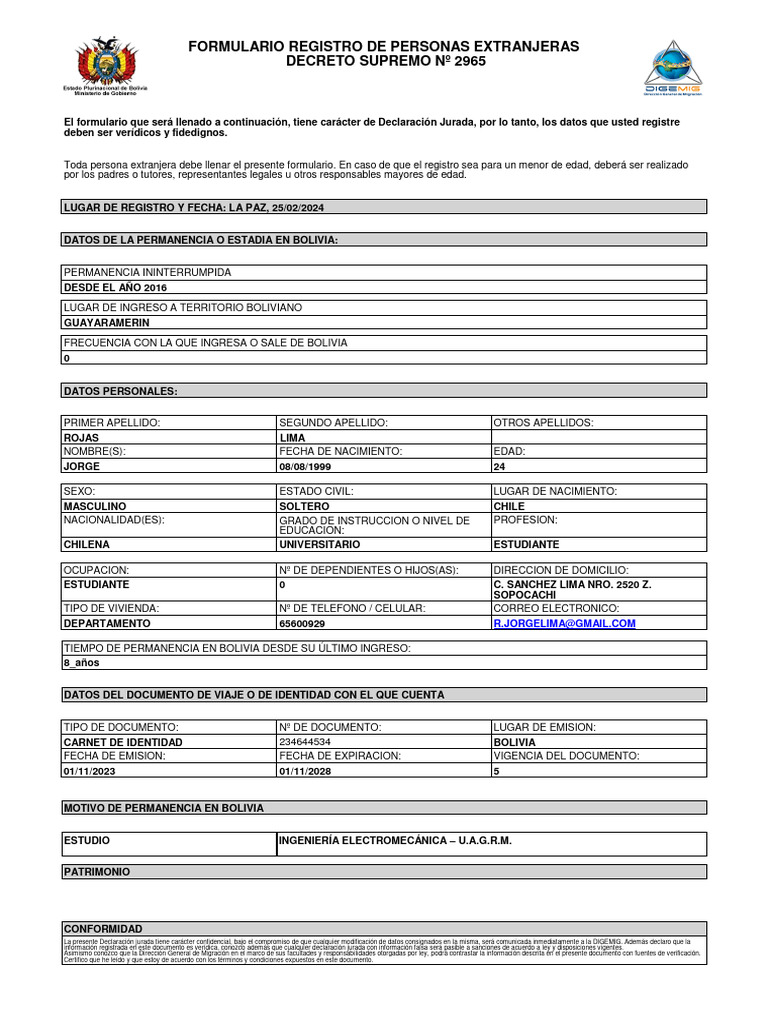 Formulario - Jorge Rojas Lima | PDF | Bolivia | Documento de identidad