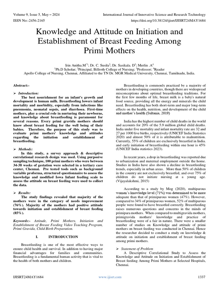 Knowledge and Attitude On Initiation and Establishment of Breast Feeding Among Primi Mothers ...