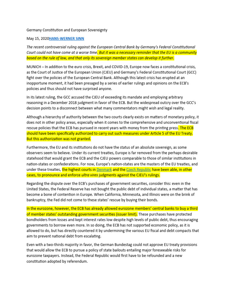 Germany Constitution and European Sovereignty | PDF | European Central ...