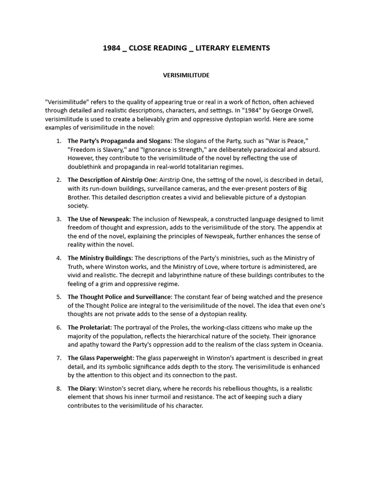 1984 Close Reading Literary Elements | PDF | Dystopia