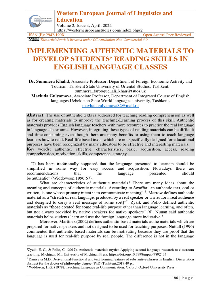 Implementing Authentic Materials To Develop Students' Reading Skills in English Language Classes ...