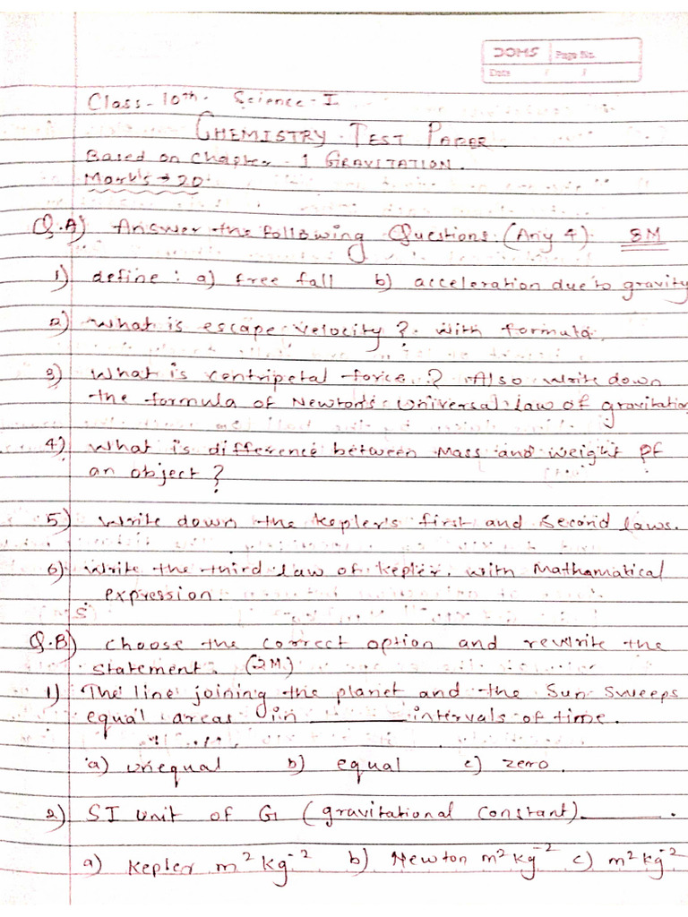 Chapter - 1 Gravitation (Test Paper) | PDF